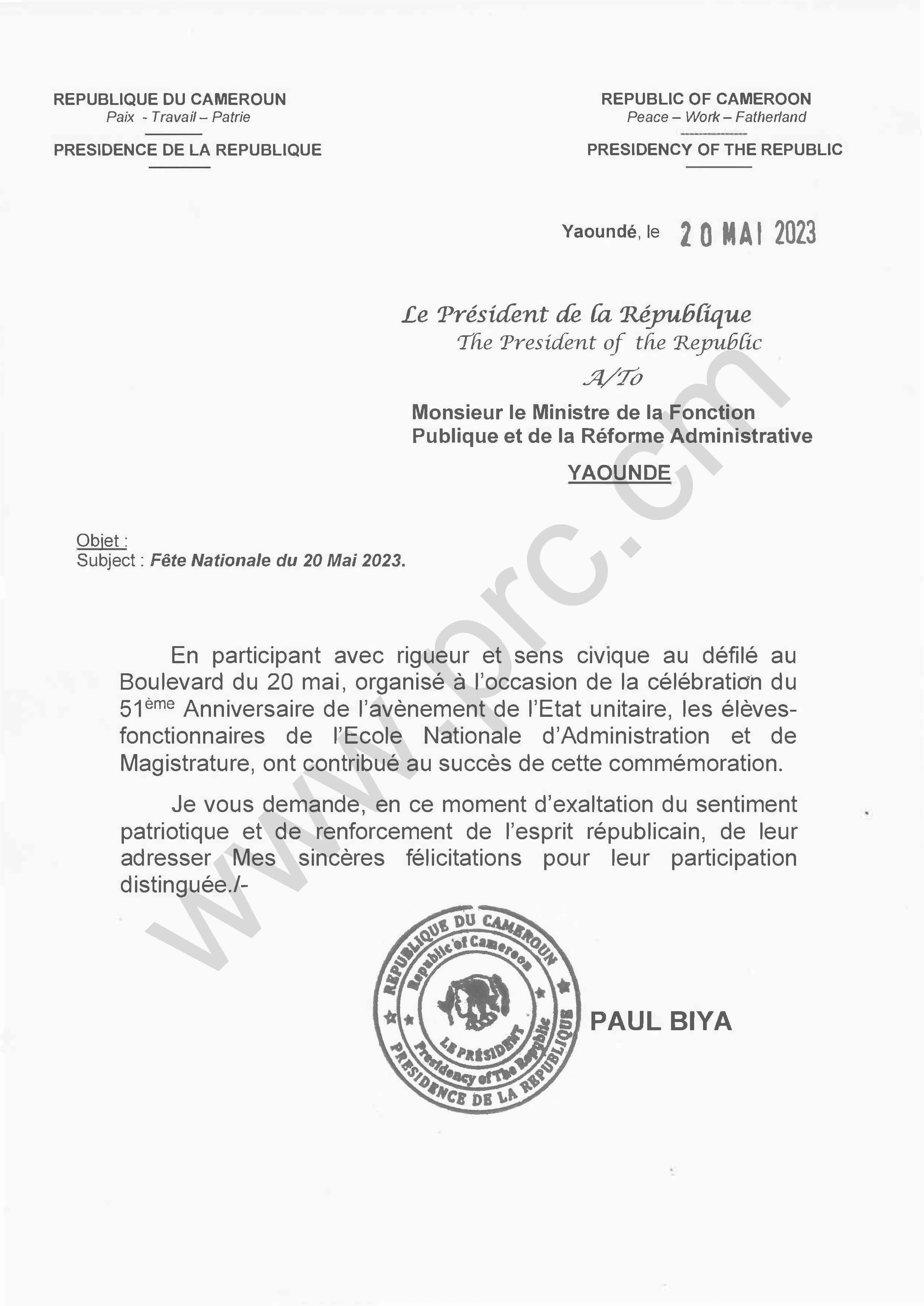 Message de félicitations du Chef de l’État à M. le Ministre de la Fonction Publique et de la ...